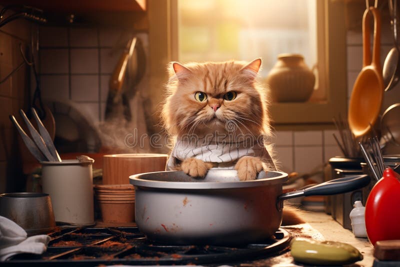 A Ginger Cat with a Pot after Cooking in the Kitchen Stock Illustration ...