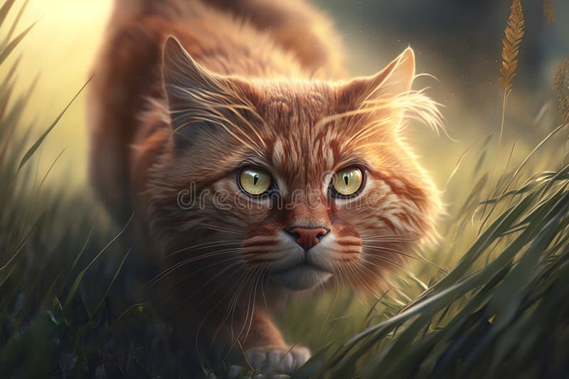 Ginger Cat Predator Crouching in Green Grass, Pet Hunting Outdoors ...