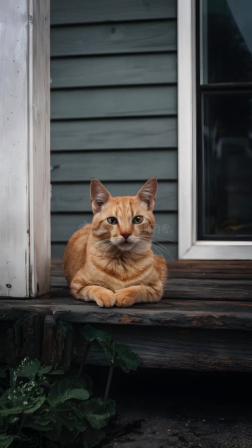Ginger Cat Relaxes on Wooden Porch Near House Exterior Stock ... Ginger Cat Relaxes on Wooden Porch Near House Exterior Stock ...