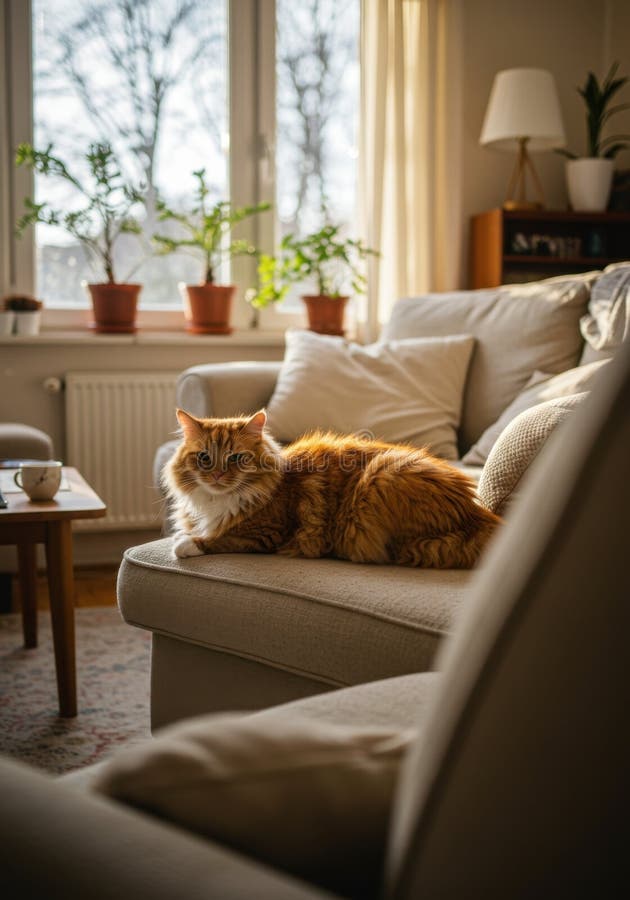 Ginger Cat Relaxing on Beige Sofa in Sunlit Living Room Stock ...