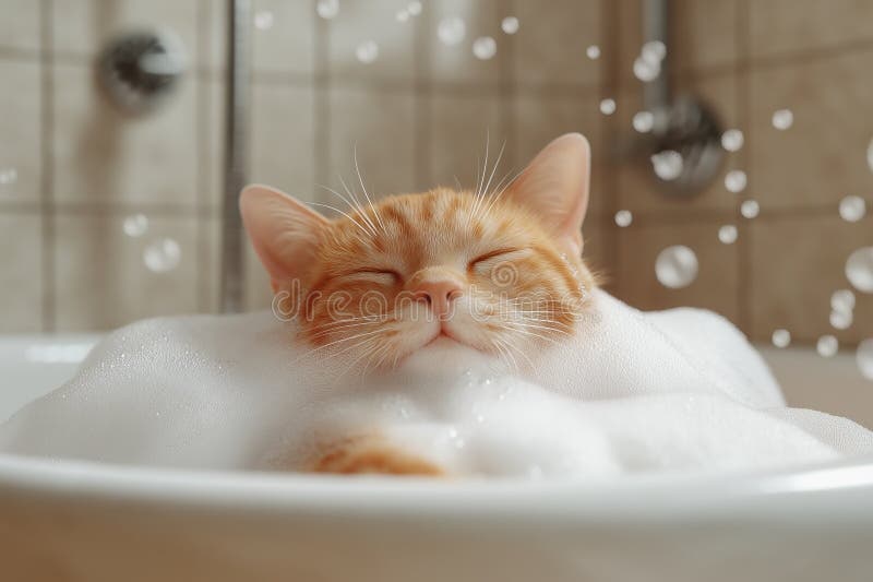 Ginger Cat Relaxing in a Bubble Bath with Eyes Closed, Surrounded by ...
