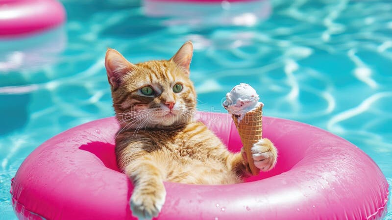 Ginger Cat Relaxing in Pink Pool Float with Ice Cream Cone Stock Image ...