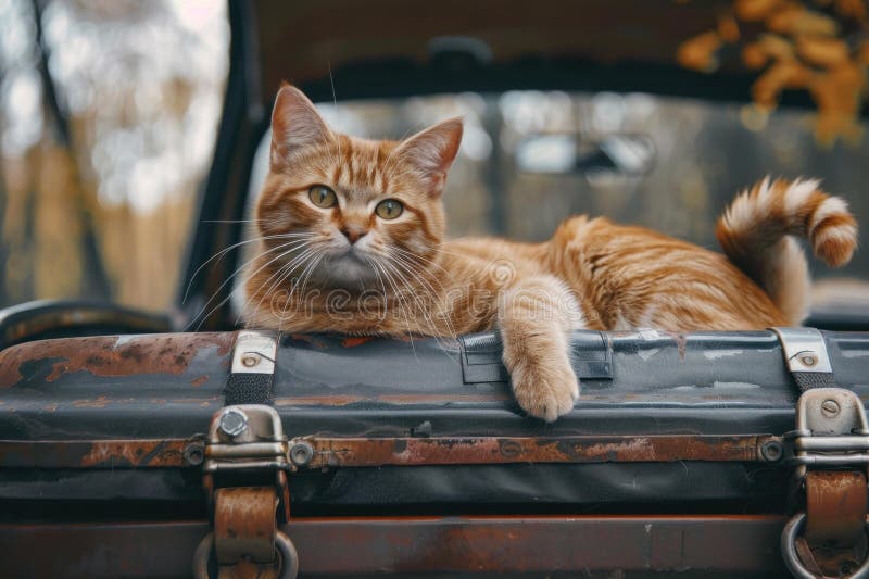 Ginger Cat Relaxing on Suitcase in Car Trunk Stock Image - Image of ...