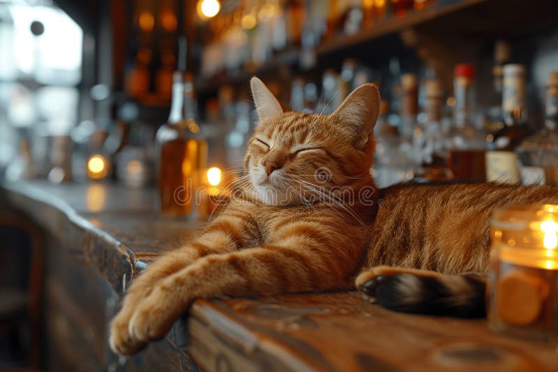 Ginger Cat at Rest in Cozy Bar Setting, a Symbol of Tranquility Stock ...