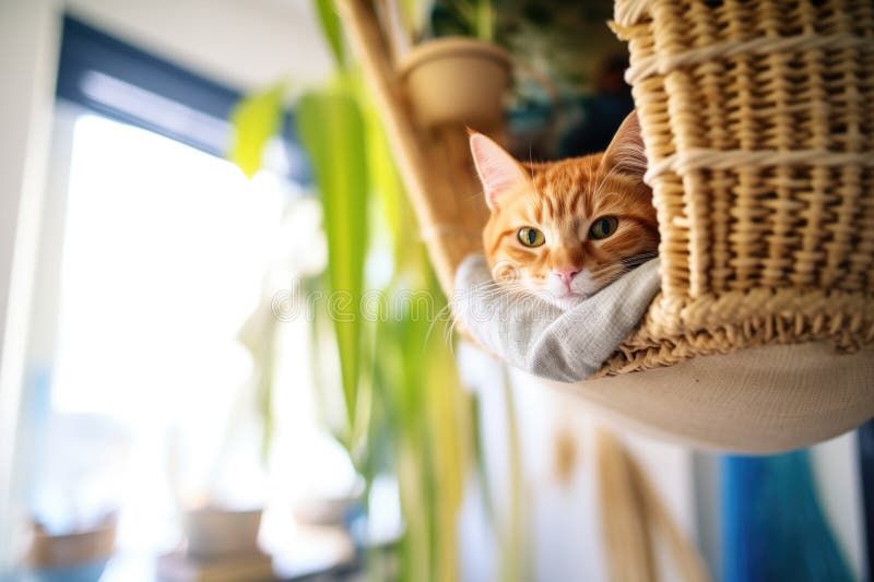 Ginger Cat Resting in a Basket Attached To the Cat Tree Stock Image ...