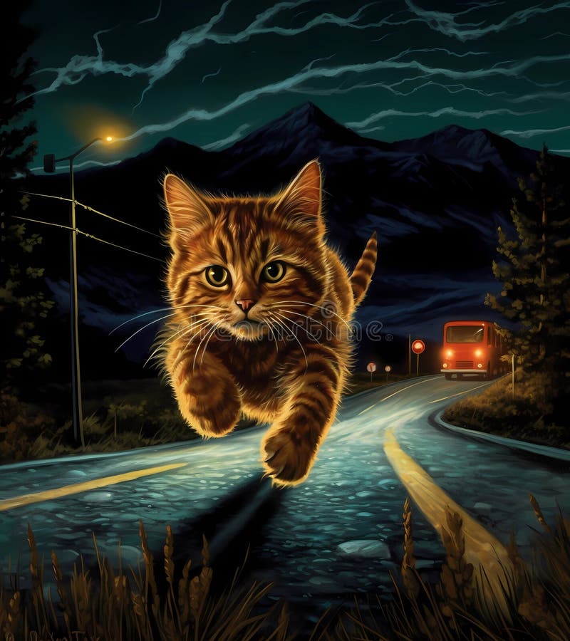 Ginger Cat Running on the Night Road, Angry Face, Generated by AI ...