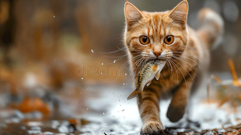 A Ginger Cat is Running through the Water with a Fish in Its Mouth Stock Illustration ...