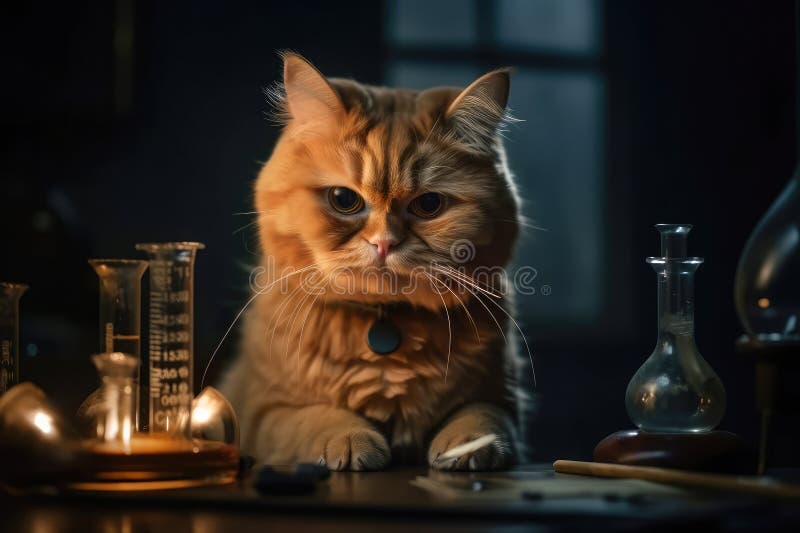A Ginger Cat Scientist Sitting Behind a Laboratory Table with Test ...