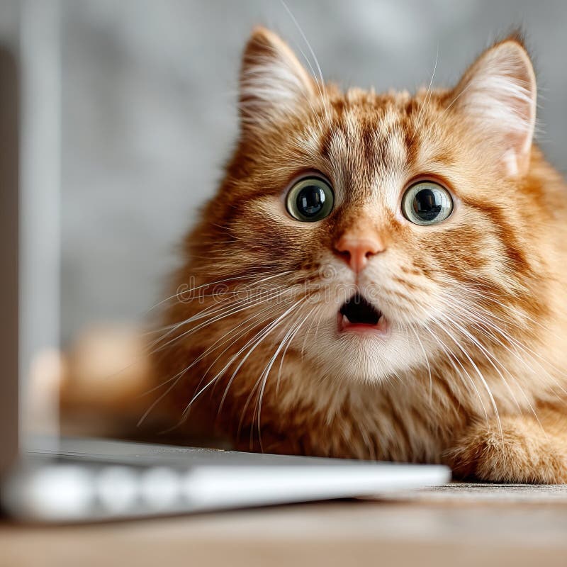 Ginger Cat Showing Surprise while Using Laptop Computer Stock Image ...