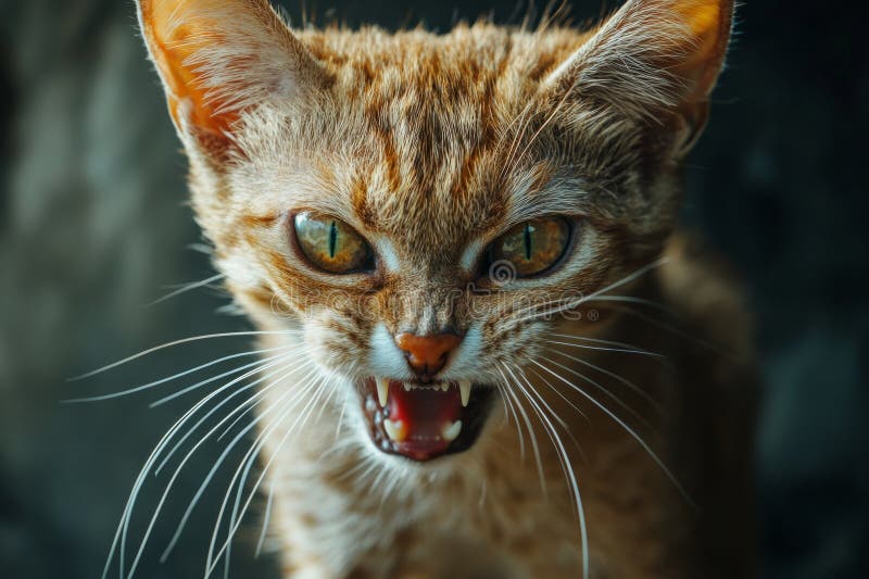 Ginger Cat Showing Teeth and Growling in Aggressive Posture Stock Photo ...