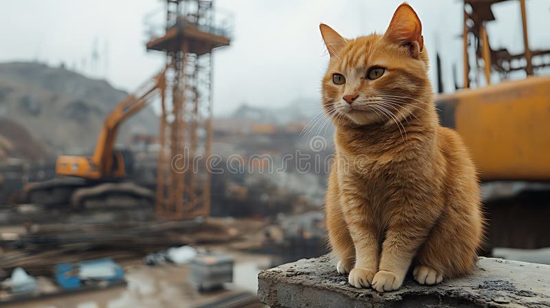 A Ginger Cat Sits on a Concrete Ledge in Front of a Construction Site ...