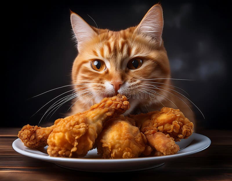 A Ginger Cat Sits at a Table, Hungrily Eyeing a Plate Piled High with ...