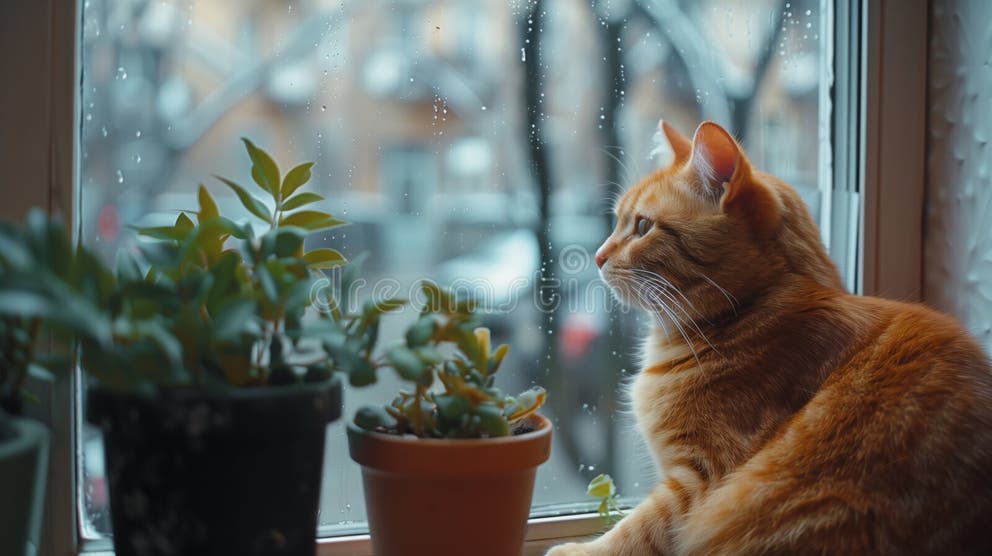 A Ginger Cat Sits by a Window Watching the Rain Fall Stock Image ...