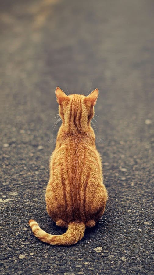 Ginger Cat Sitting on Asphalt Road from Behind Stock Illustration ...