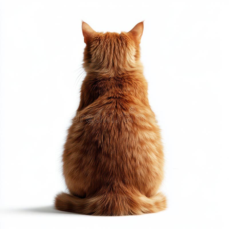 Ginger Cat Sitting Back View Fluffy Fur White Background Stock ...