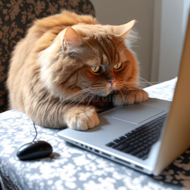 A Ginger Cat Sitting Behind a Table and Using a Laptop. Created with ...