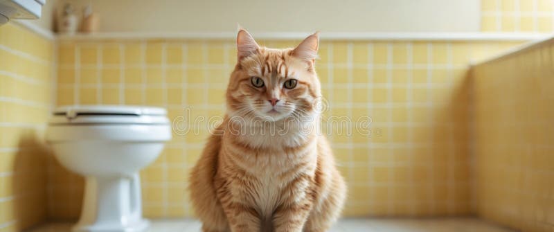 Ginger Cat Sitting in Front of Old Yellow Tiled Bathroom with Toilet ...