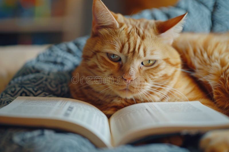 Ginger Cat Sitting and Reading Book. Generative AI Stock Image - Image ...