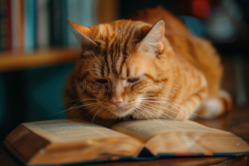 Ginger Cat Sitting and Reading Book. Generative AI Stock Photo - Image ...