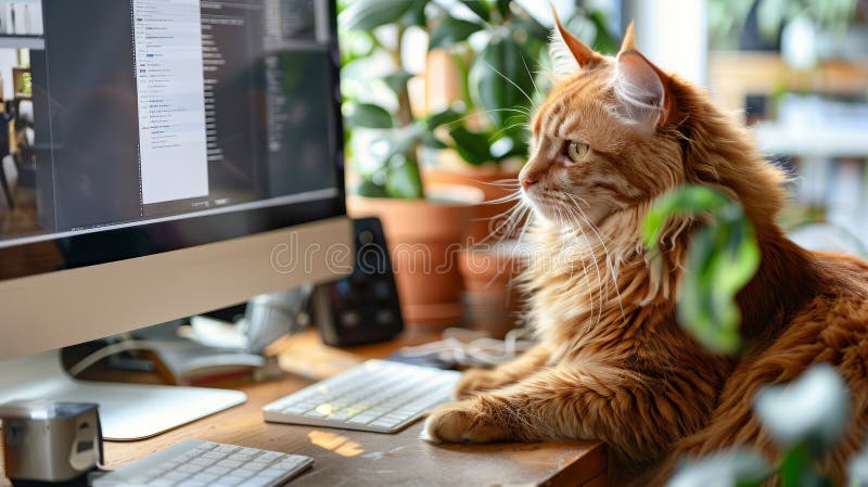 Ginger Cat Sitting at Workstation with Computer. Home Office, Remote ...