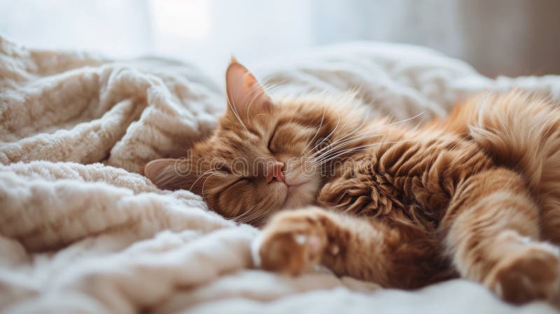 Ginger Cat, Sleep Relaxed on Soft Plaid, World Pets Day. Stock Photo ...