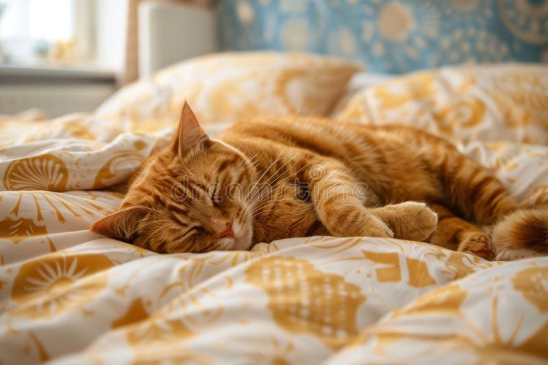 Ginger Cat Sleeping on a Bed in Soft Light Stock Image - Image of scene ...