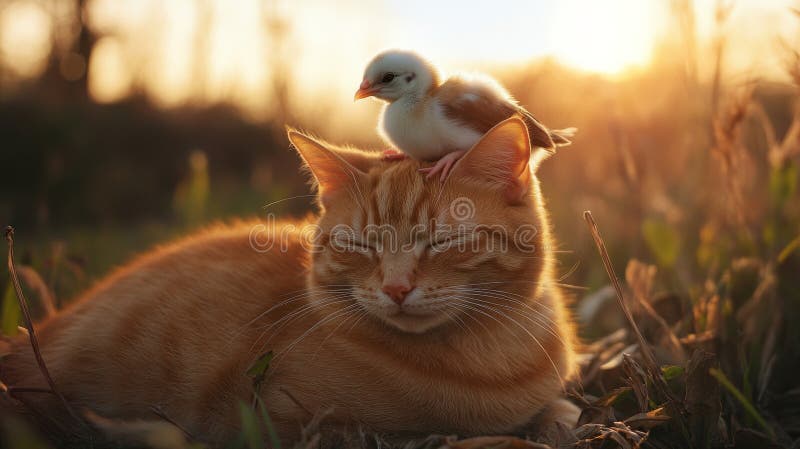 Ginger Cat Sleeping in a Field with Baby Chick on Its Head at Sunset ...