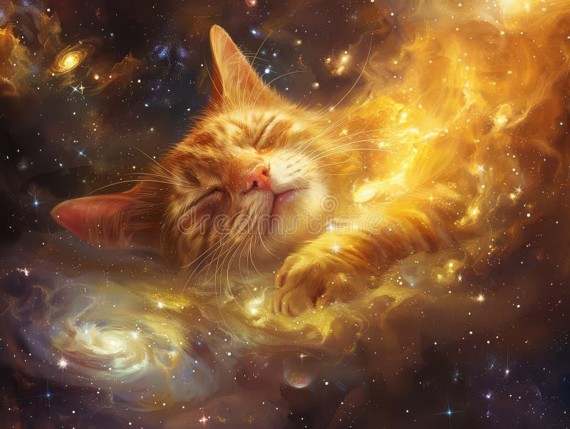 A Ginger Cat Sleeping in a Galaxy of Stars Stock Illustration ...