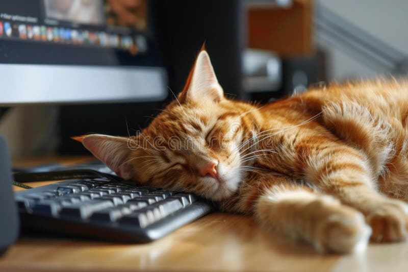 Ginger Cat Sleeping Peacefully on Computer Keyboard Stock Photo - Image ...