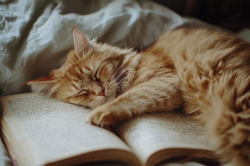 Ginger Cat Sleeping Peacefully on Open Book in Bed Stock Photo - Image ...