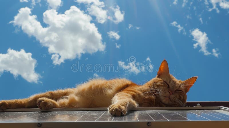 Ginger Cat Sleeping on a Solar Panel Under Blue Sky with Clouds Stock ...
