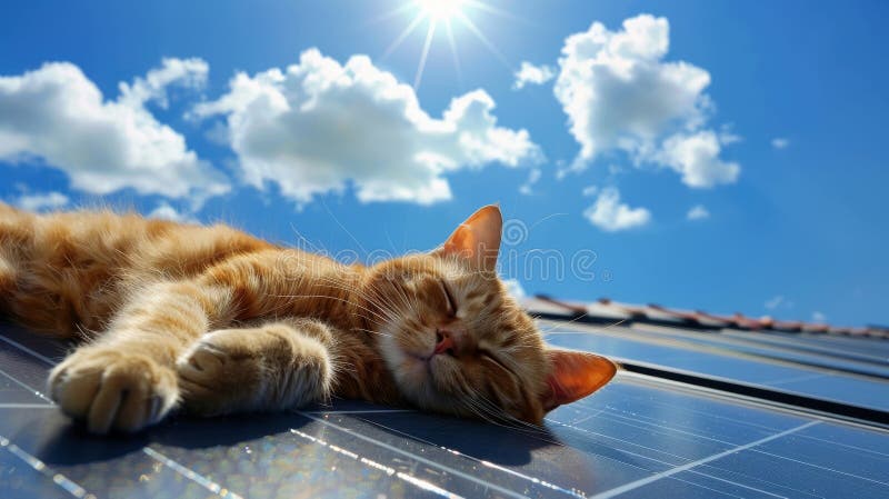 Ginger Cat Sleeping on Solar Panels Under a Bright Sunny Sky Stock ...