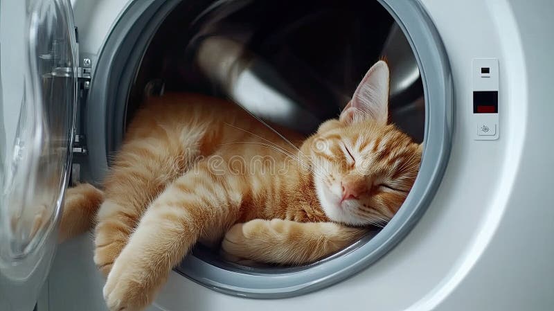 Ginger Cat Sleeping in Washing Machine Stock Illustration ...