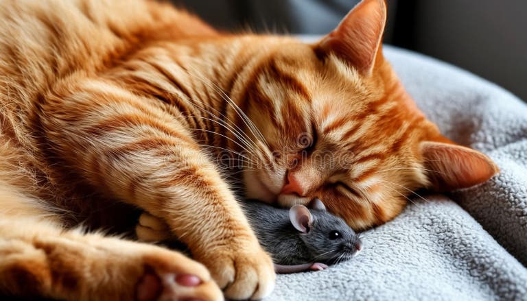 A Ginger Cat Sleeps Hugging a Mouse. Stock Illustration - Illustration ...