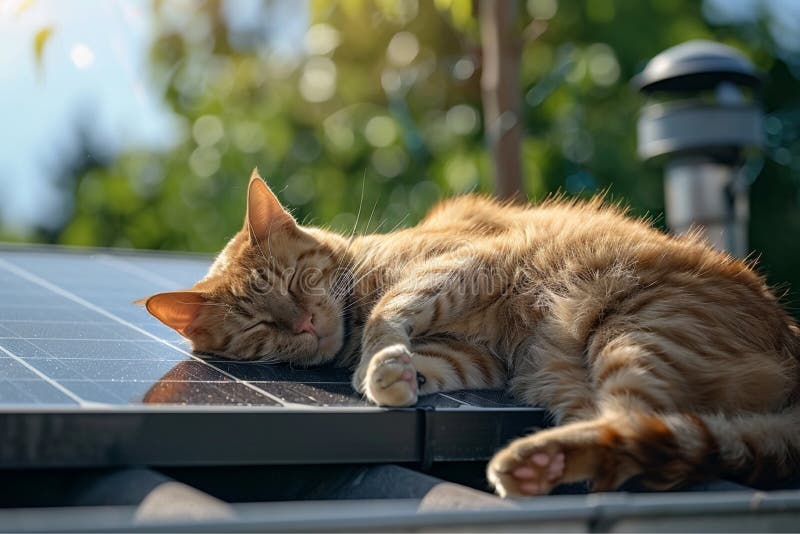 Ginger Cat and solar panel stock illustration. Illustration of look ...