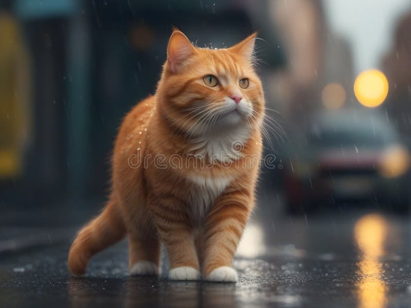 A Ginger Cat Standing on the Street in Rainy Weather Stock Illustration ...