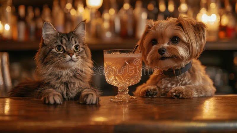 Ginger Cat and Tabby Cat Relaxing at the Bar with Cocktail Stock ...