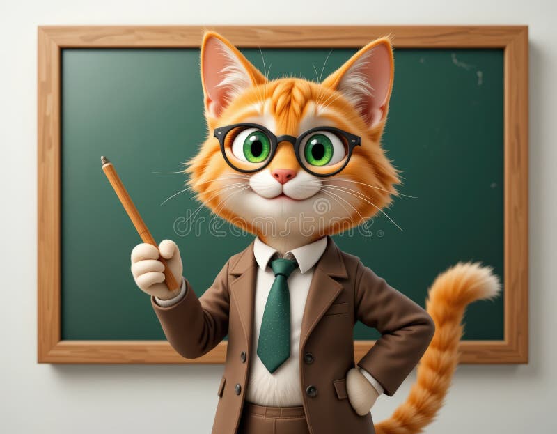 Ginger Cat Teaching with Pointer in Classroom Setting Illustration ...