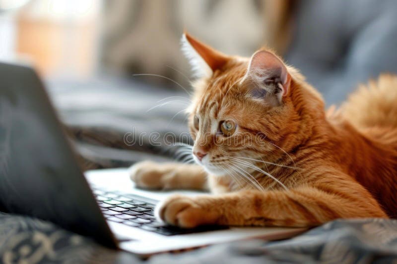 Ginger Cat Using Laptop Computer on Bed Stock Image - Image of ginger ...