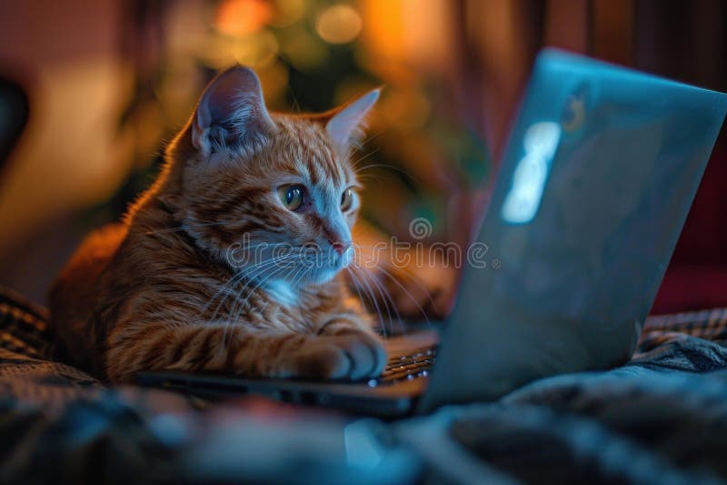 Ginger Cat Using Laptop Computer on Bed at Night Stock Photo - Image of ...