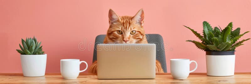 Ginger Cat Using Laptop on Desk with Plants and Coffee Mugs, Remote ...