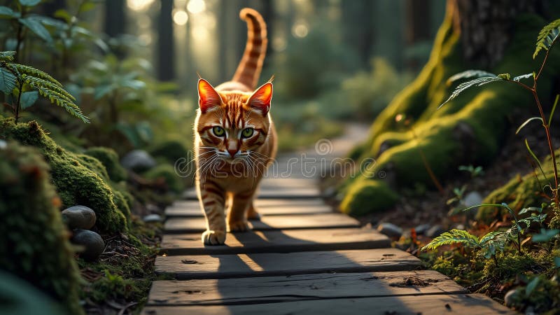 Ginger Cat Walking on Forest Path at Sunset Good Resolution Stock Photo ...