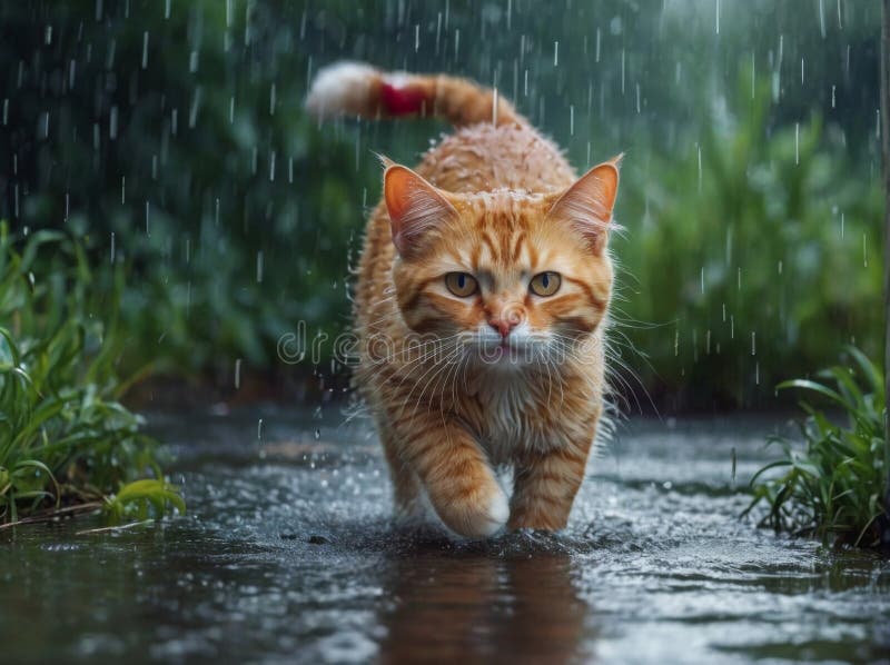 Ginger Cat Walking in the Rain Stock Illustration - Illustration of ...