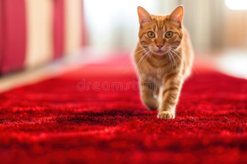 Ginger Cat Walking on Red Carpet at Home Stock Image - Image of carpet ...
