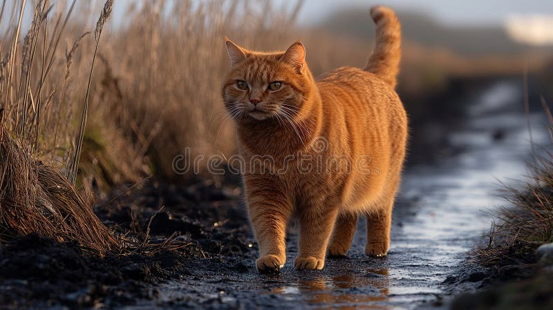 Ginger Cat Walks Muddy Path at Dawn Stock Illustration - Illustration ...
