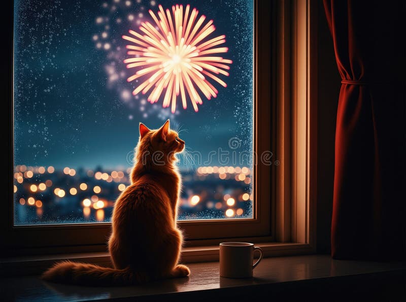 Ginger Cat Watching Fireworks through Window Stock Illustration ...