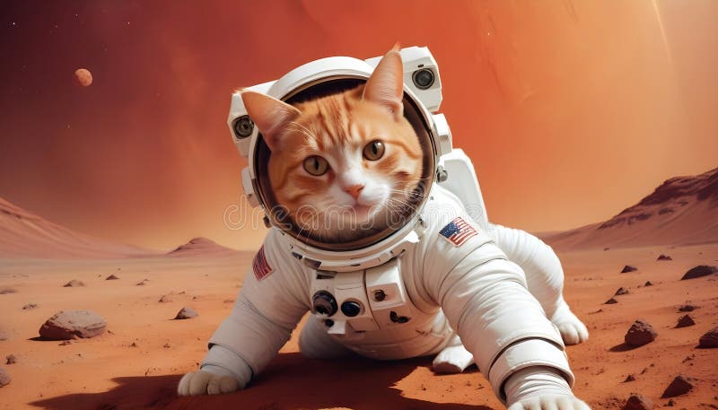 A Ginger Cat Wearing an Astronaut Suit, Posing on the Surface of Mars ...