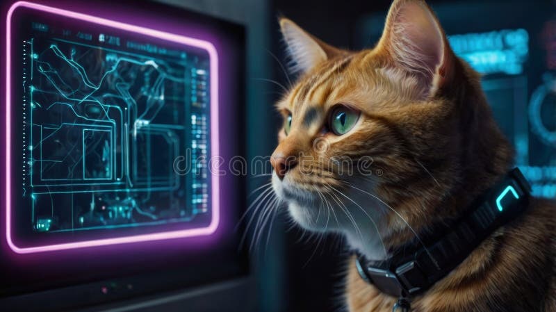 Ginger Cat Wearing Gps Tracker Collar Observing Futuristic Screen ...