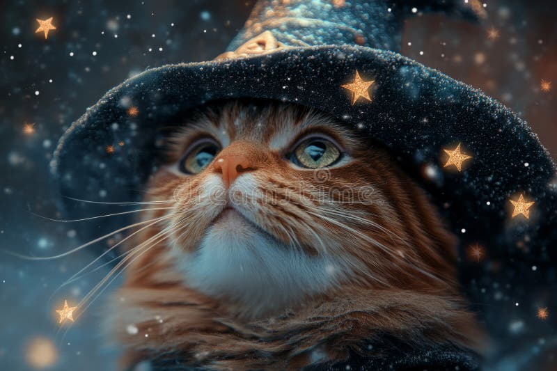 Ginger Cat Wearing Wizard Hat with Golden Stars Looking Up at Falling ...