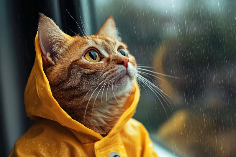 Ginger Cat Wearing a Yellow Raincoat Looking Up at the Rain Falling ...